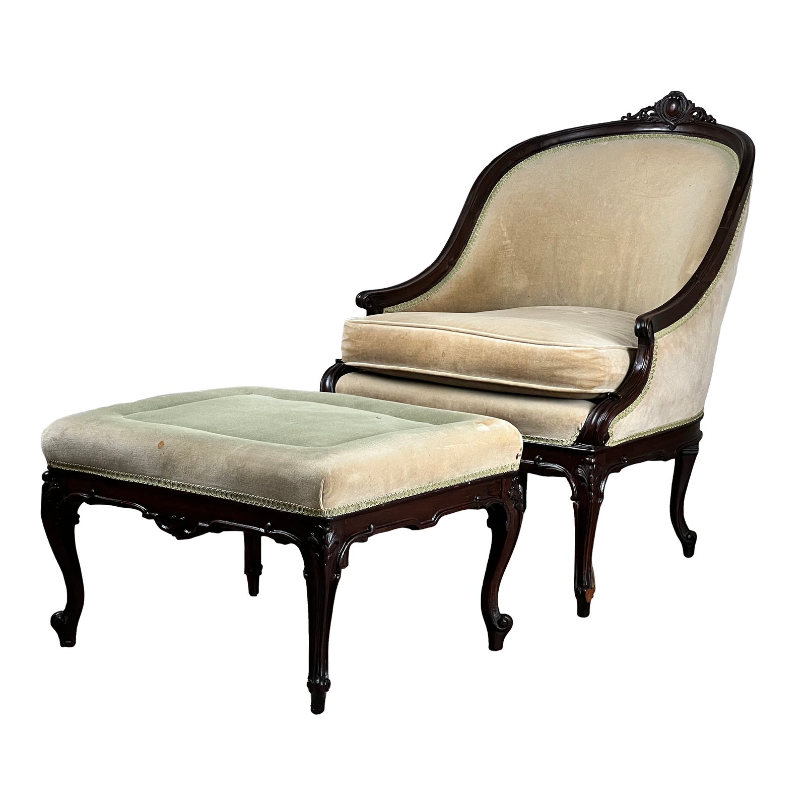 Antique French Louis XV Style Walnut Bergere Chair With Ottoman C. Late ...