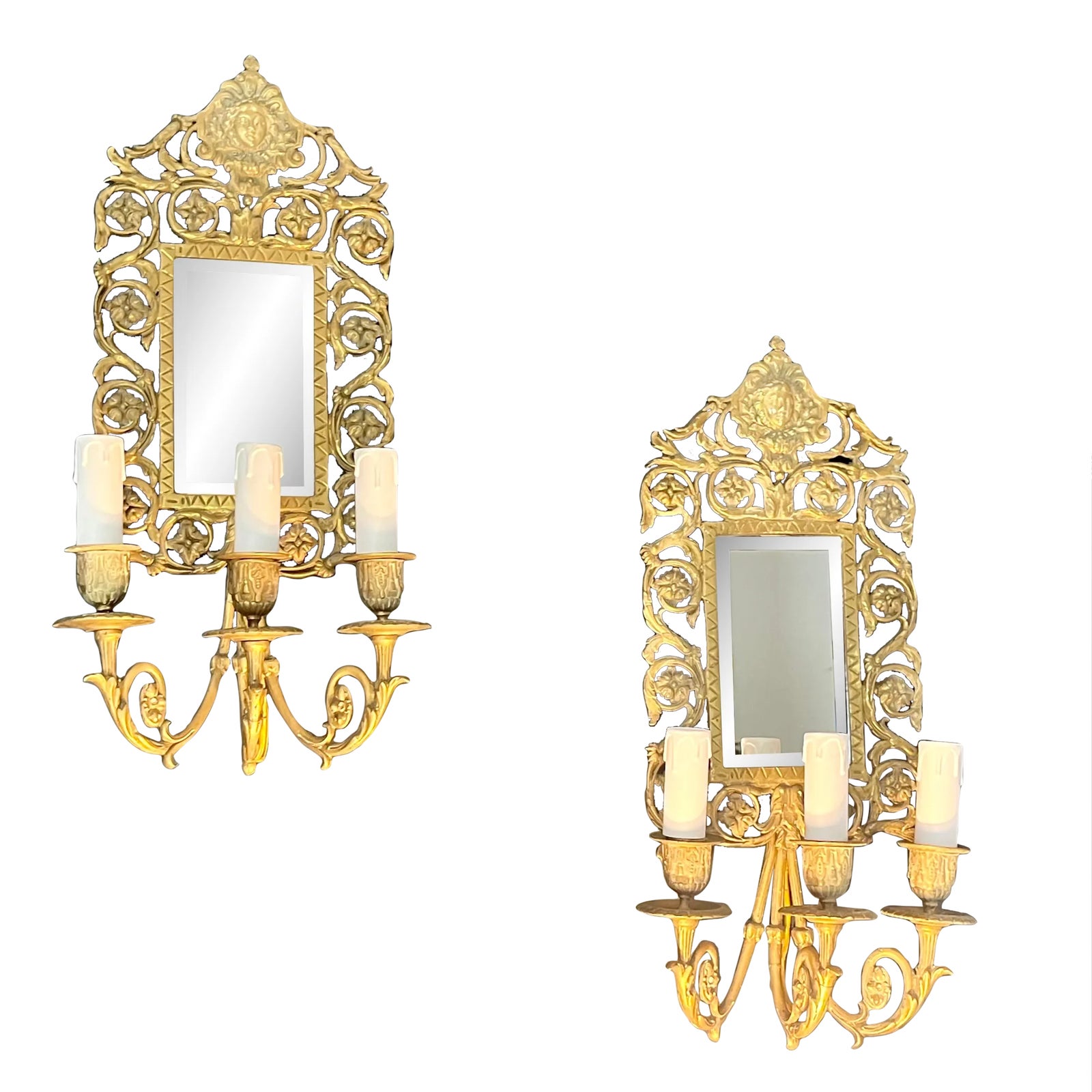 Pair of French Antique Baroque Bronze Girandole Mirrored Wall Light ...