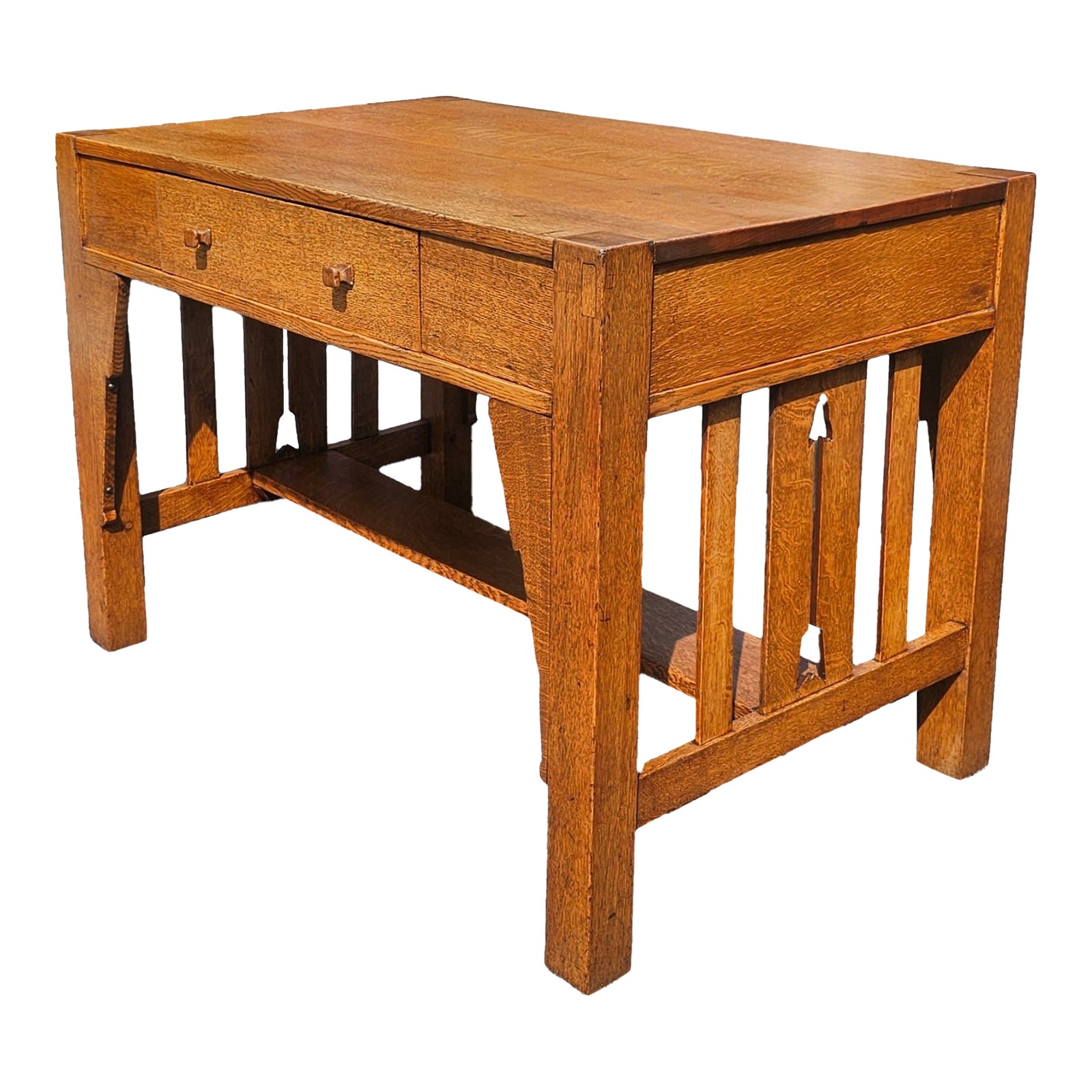 Antique Arts and Crafts Mission Oak Library Table With Arrow Accents ...