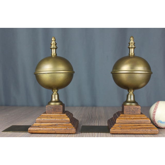 1980s Brass Sphere & Finial Bookends on Faux Wormwood Oak Base- Set of ...