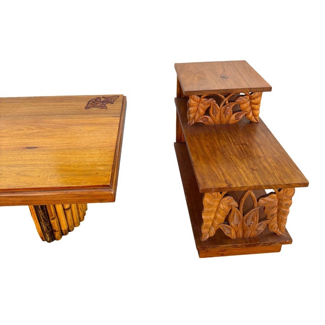 1950s Restored Mid Century Hand Carved Palm Leaf Koa Wood Coffee & Side ...