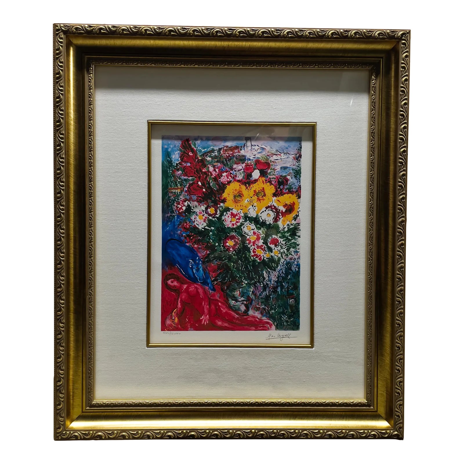 Marc Chagall "Les Soucis" Framed Giclee With Facsimile Signature | Chairish