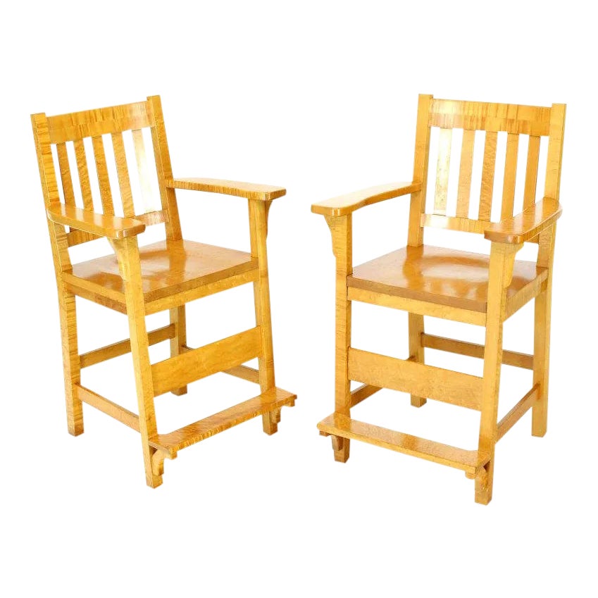 Modern Solid Brid’s-Eye Maple High Pool Chairs Bar Stools- A Pair ...