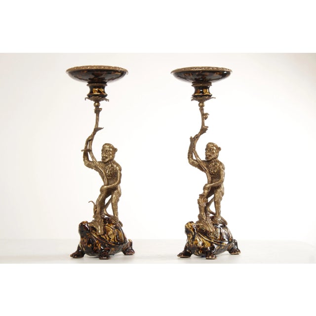 Early 21st Century Mark Roberts Bronze Monkey Candle Holders - A Pair ...