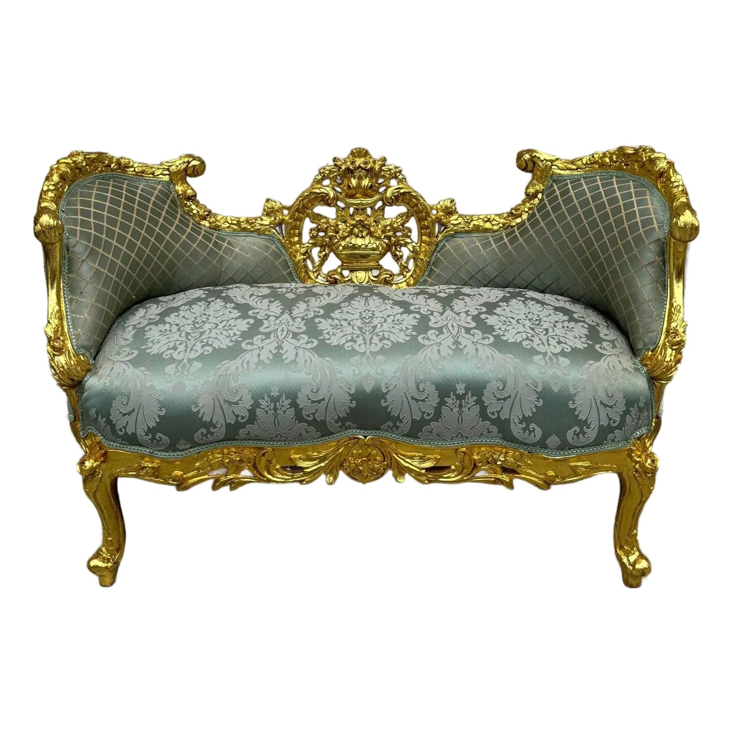French Style Blue Small Settee Gold Details | Chairish