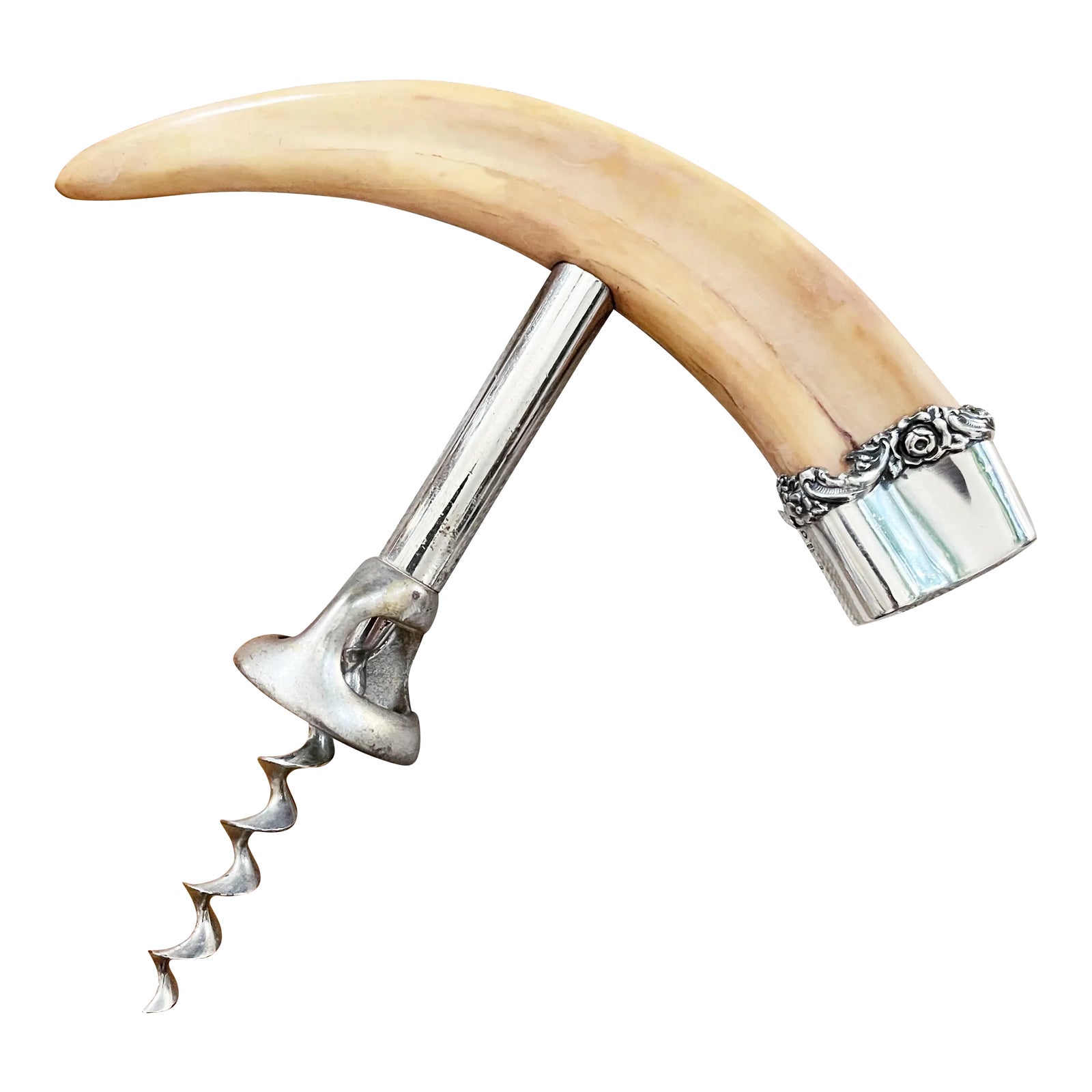 Antique Corkscrew With Boar Tusk and Sterling Silver Handle | Chairish