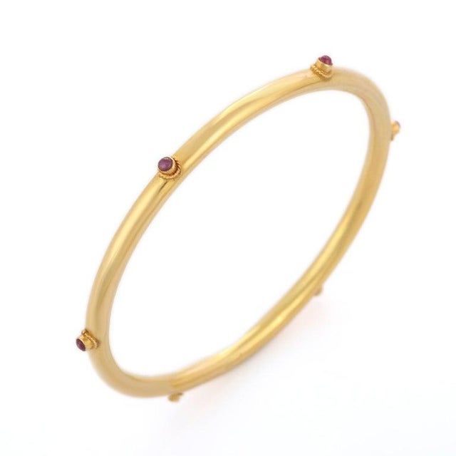 18k Solid Yellow Gold Classic Ruby Studded Bangle Bracelet | Chairish