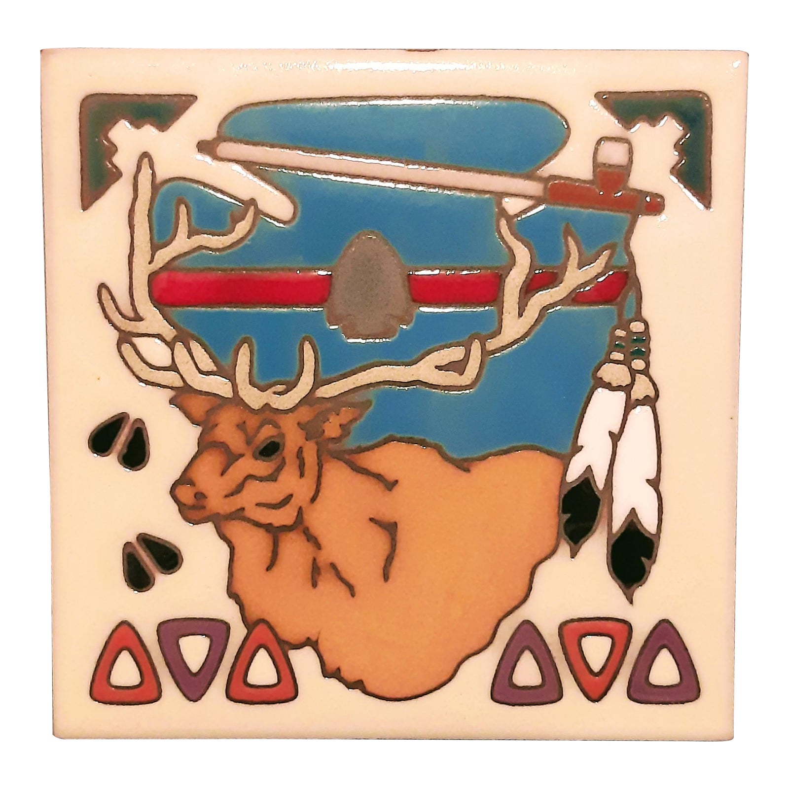 Elk Arrowhead Native American Glazed Tile Trivet Coaster | Chairish