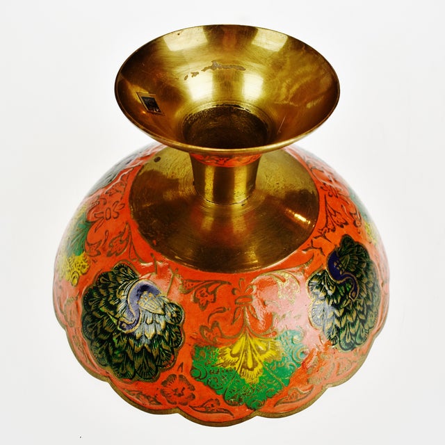 Vintage Enamel Painted India Brass Compote | Chairish