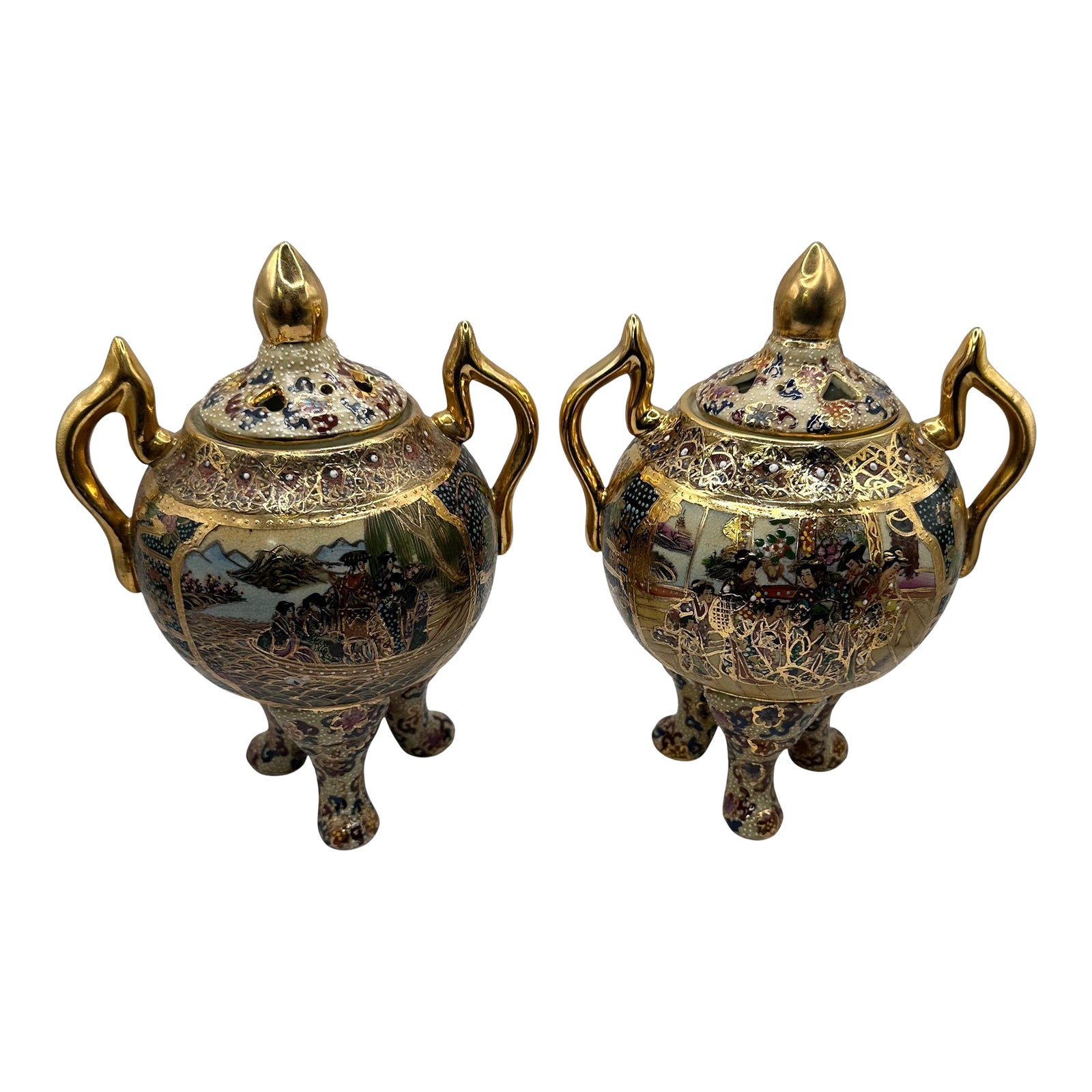 Vintage Royal Satsuma Style Lidded Cachet Pots - A Pair | Chairish