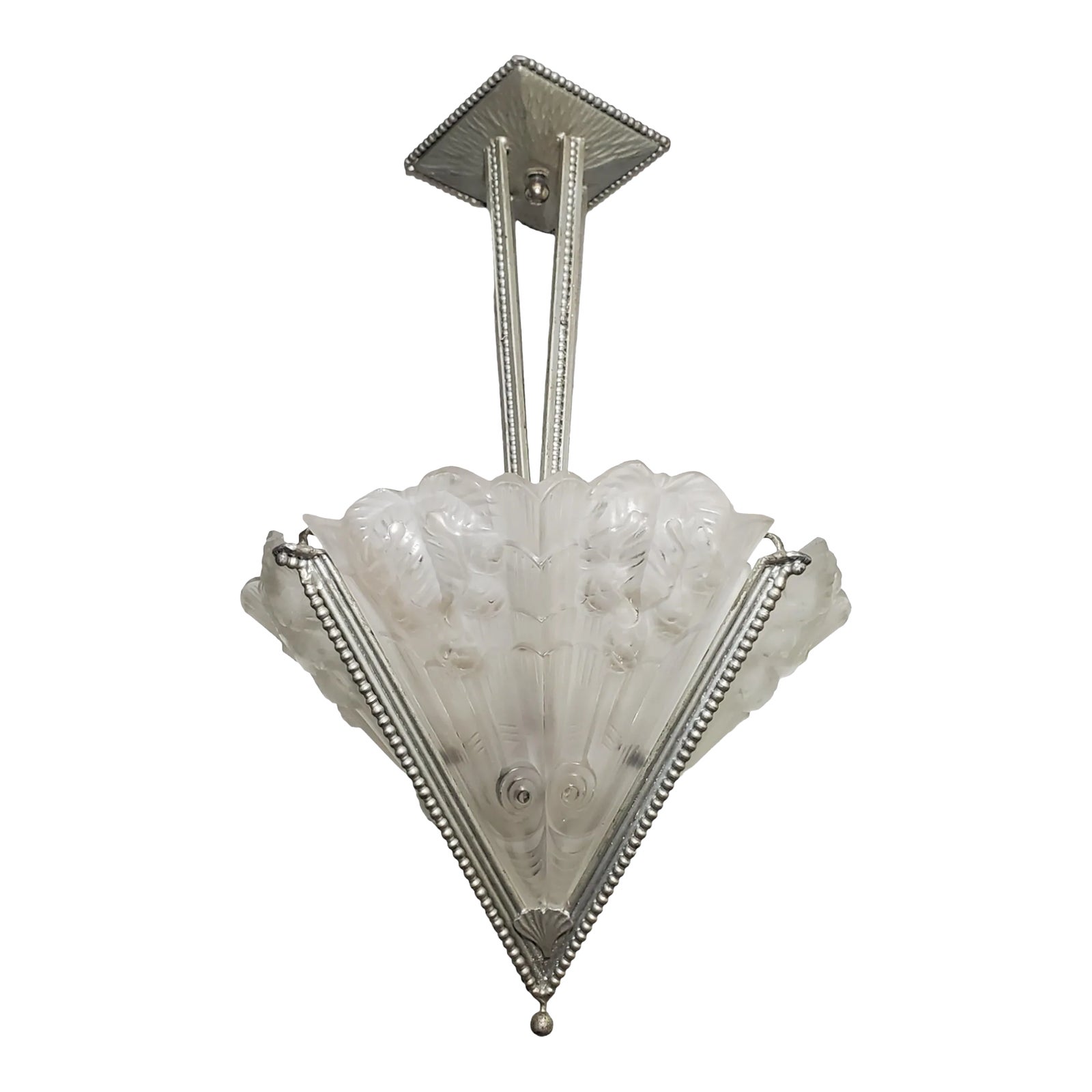 Early 20th Century French Art Deco Fan Shape Frosted Art Glass + Iron ...