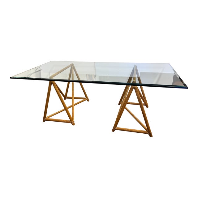 1990's Palecek Bamboo + Leather Wrapped Glass Dining Room Table | Chairish
