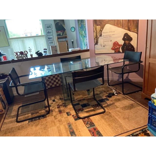 1990s Modern Glass Dining Table With Black Leather Chairs - Set of 5 ...
