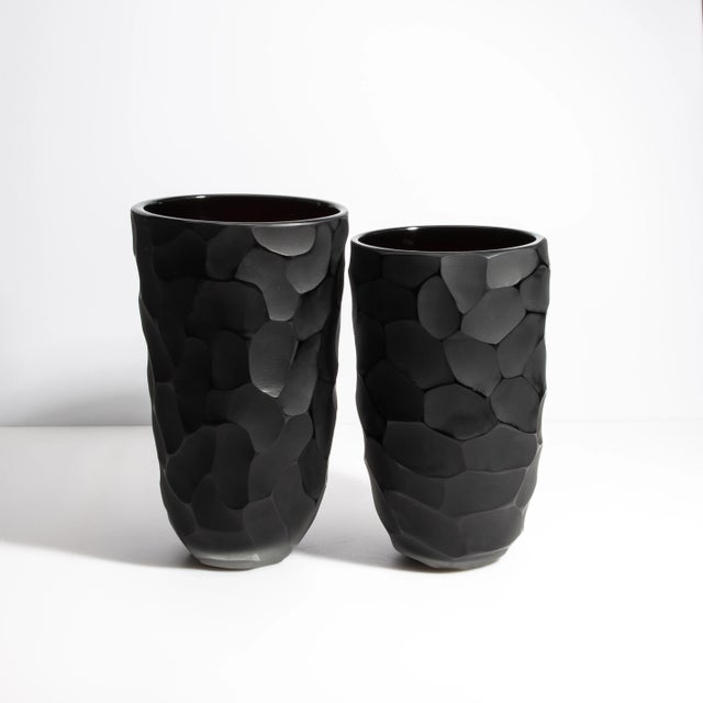 Set of Hand Blown Murano Moon Vases in Jet Black | Chairish