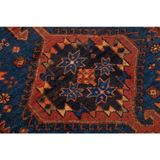 Handmade Vintage Designed Hamadan Wool Rug in Blue and Red | Chairish