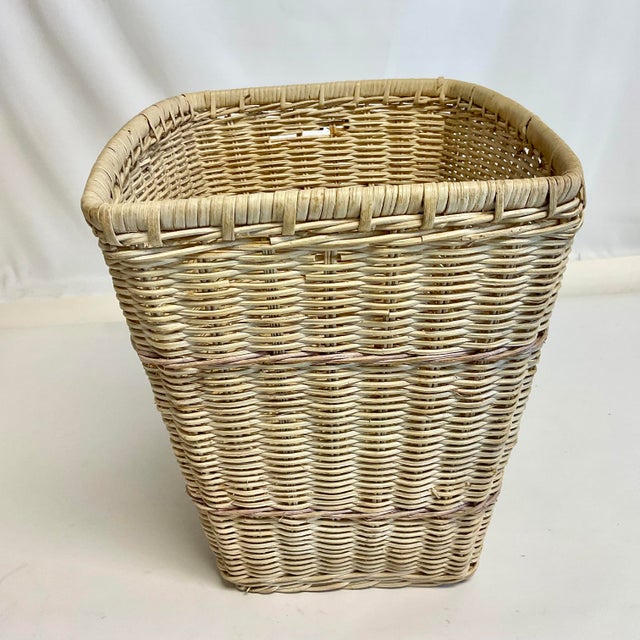 Mid Century Boho Chic Coastal Wicker Wastebasket With Blue Diamond ...