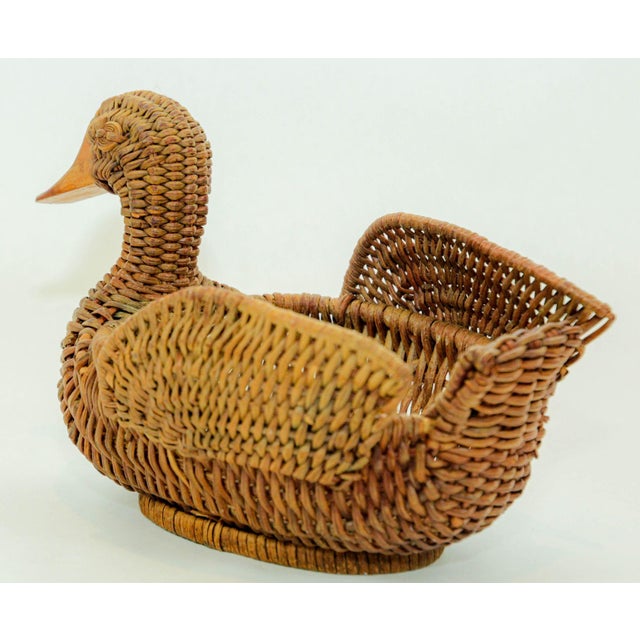 Vintage Wicker Rattan Woven Duck Motif Basket | Chairish