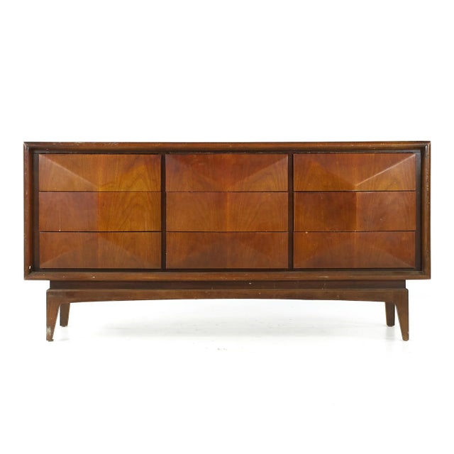 United Diamond Mid Century Walnut Lowboy 9 Drawer Dresser | Chairish