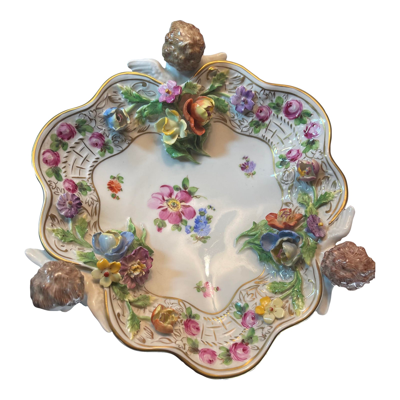 1900 - 1909 Dresden Antique Centerpiece Bowl With 3 Cherubs & Putti ...