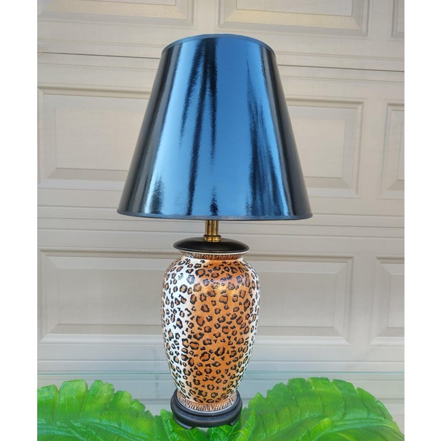 Vintage Leopard Print Glossy Black Shade Ceramic Table Lamp | Chairish