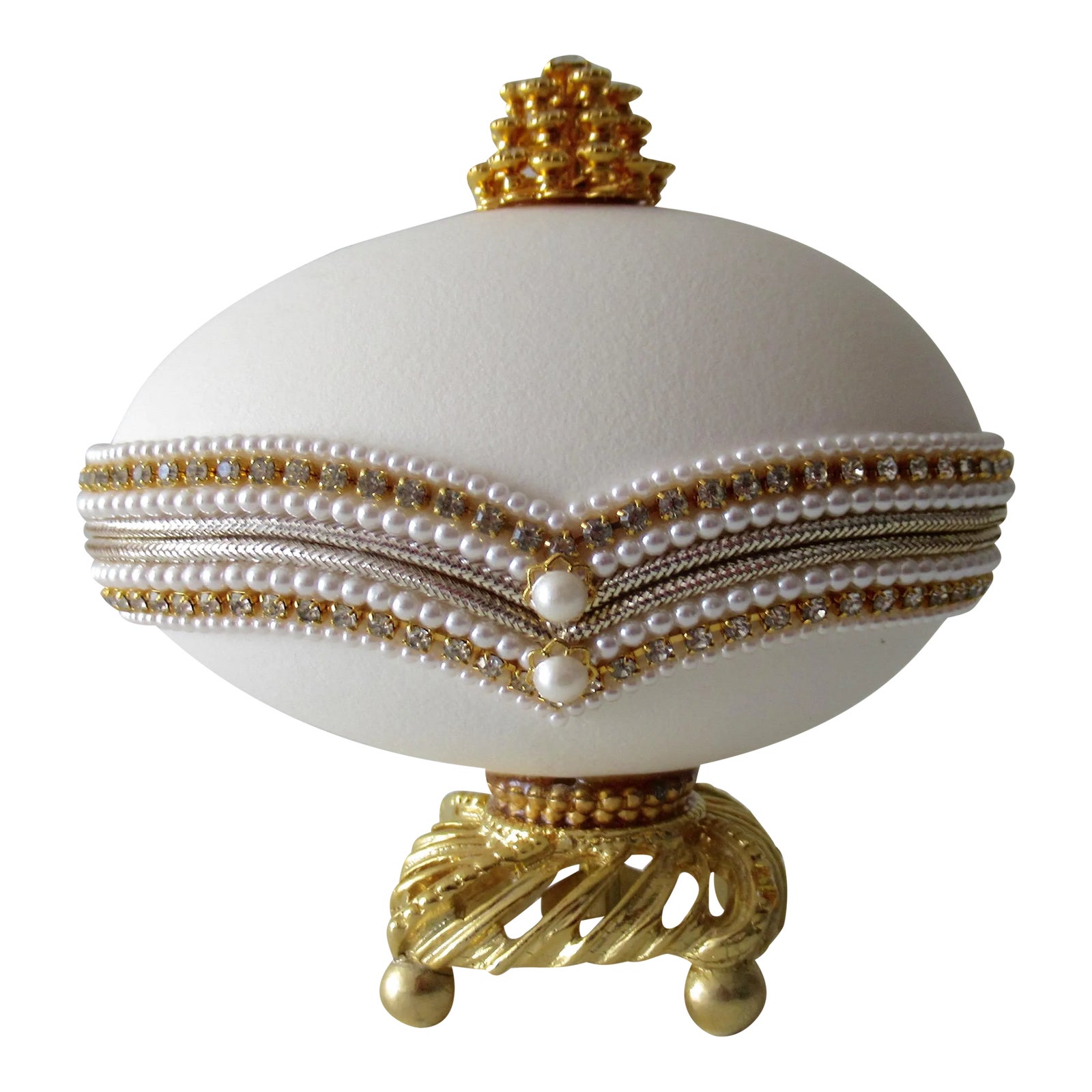 1989 Silk & Brass Egg-Shaped Music-Ring Box With Embellished Pearl's ...