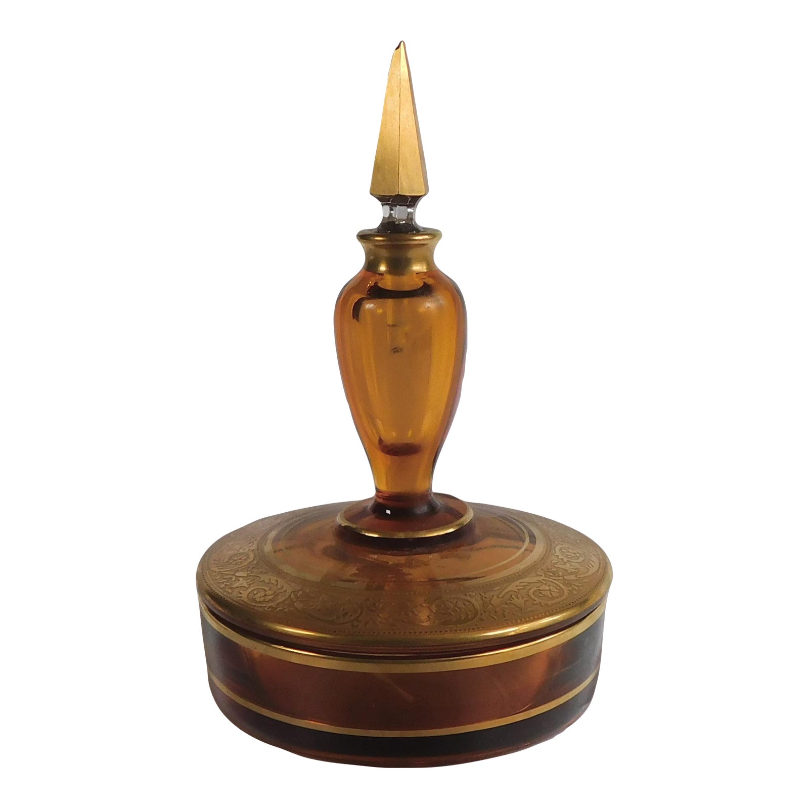 1940s Gold Encrusted Amber Glass Powder Jar Perfume Bottle Combo | Chairish