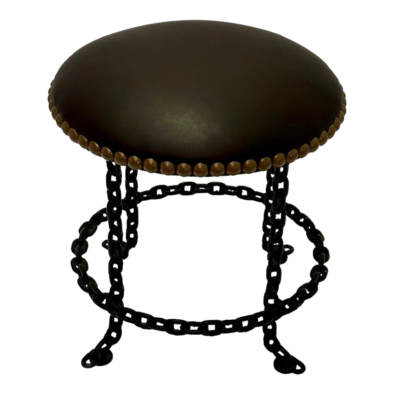 Brown Leather Stool With Iron Chain Legs | Chairish