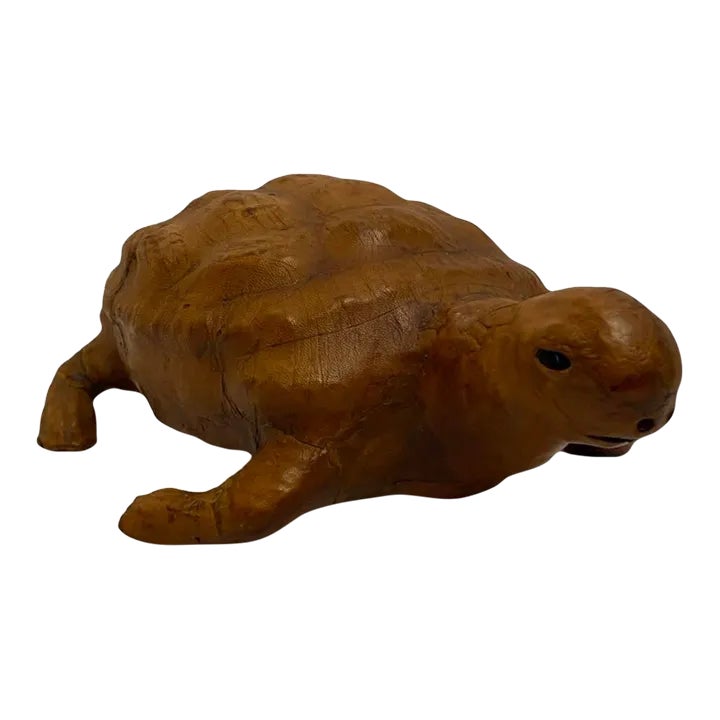 Vintage Brown Leather Wrapped Turtle Statue | Chairish