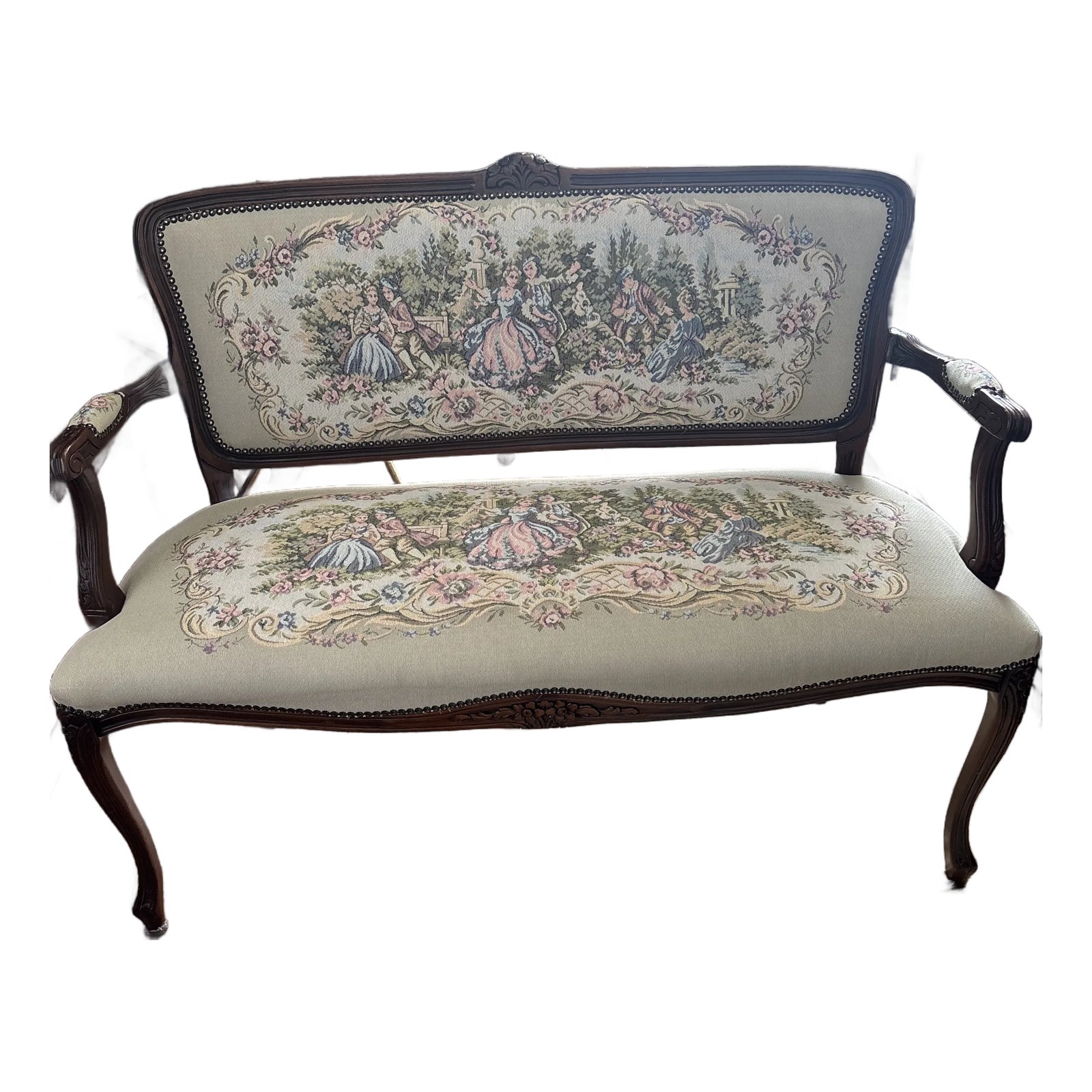 Nailhead Trimmed Floral Tapestry Vintage Settee | Chairish