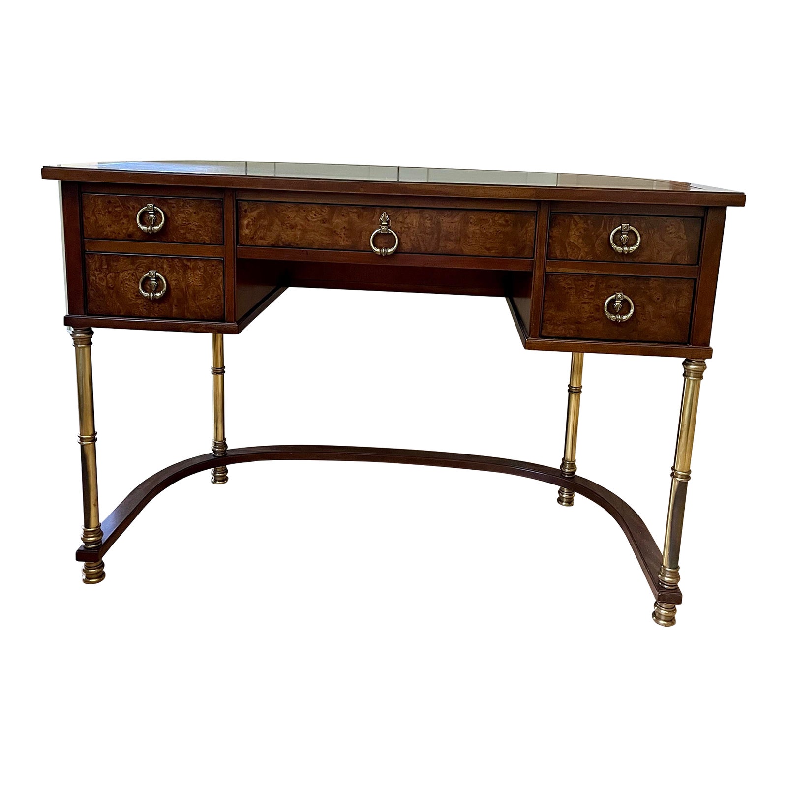 Burled Walnut, Brass and Leather Top Demilune Desk by Sligh | Chairish