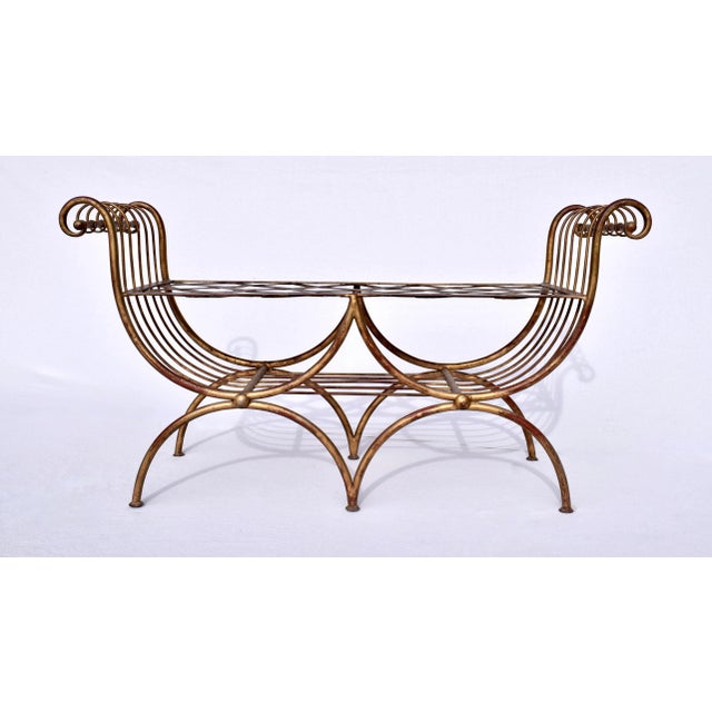 S. Salvadori Gold Enameled Double Curule Bench in Blue Velvet | Chairish