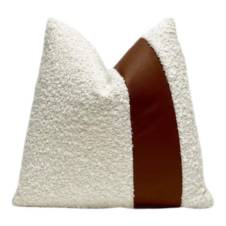 Off White Boucle & Brown Leather Throw Pillow With Feather Down Insert ...