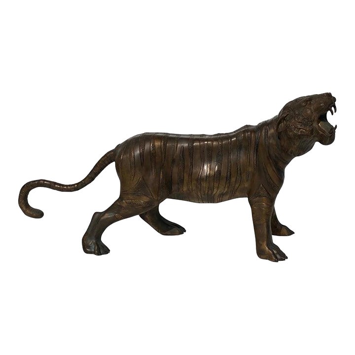 1970s Bronze Sculpture of a Roaring Tiger | Chairish