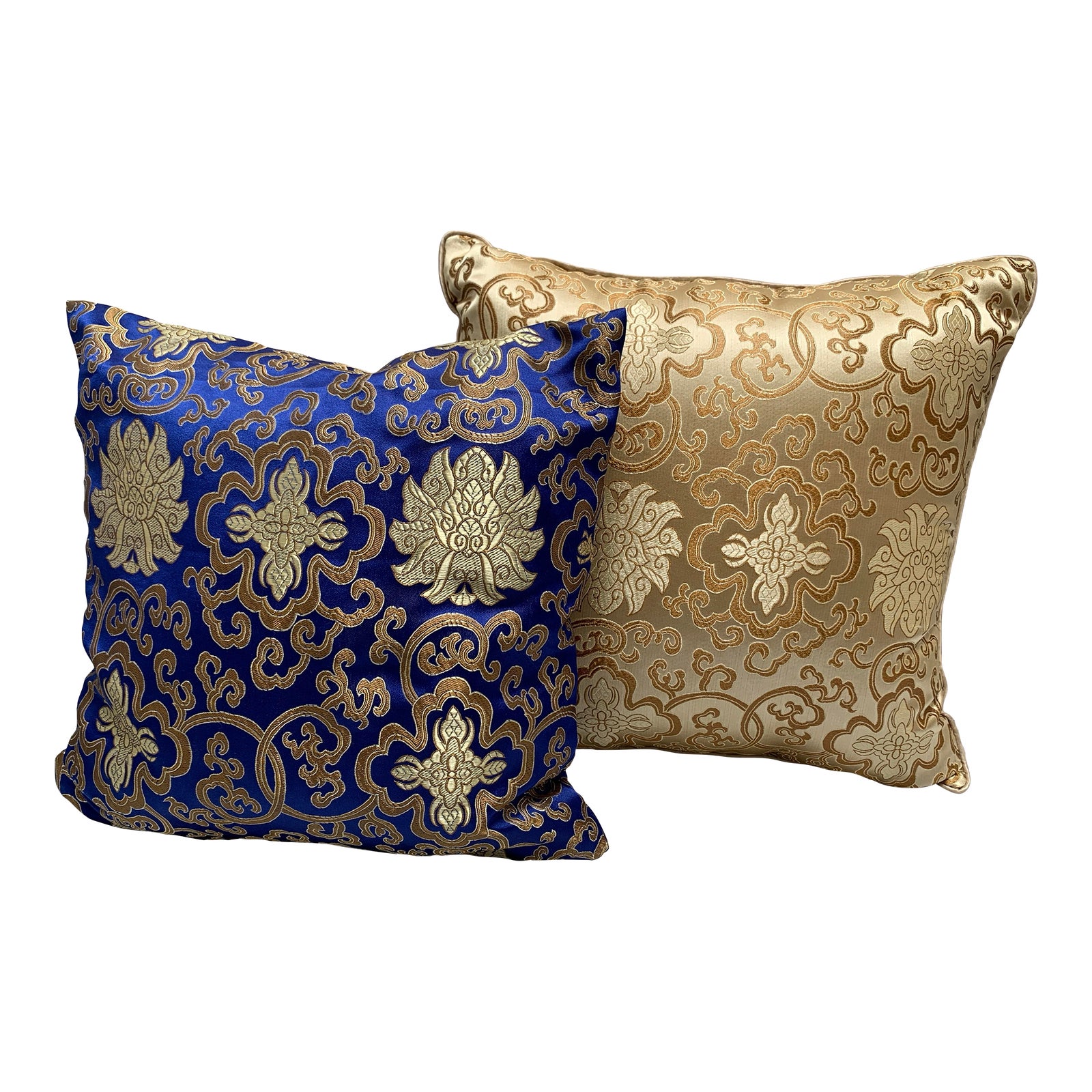 Bright Bold Blue and Gold Asian Accent Pillows, Set of Two | Chairish
