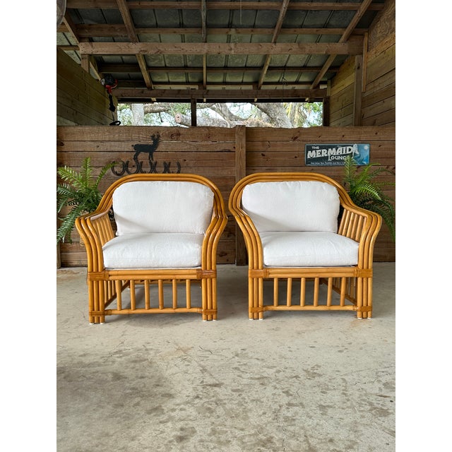 Vintage Coastal Three Band Bent Rattan Custom Upholstered Lounge Chairs ...