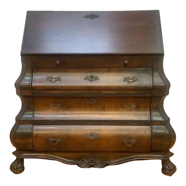1900s Antique Spanish Walnut Burl and Rosewood Claw Foot Drop Front ...