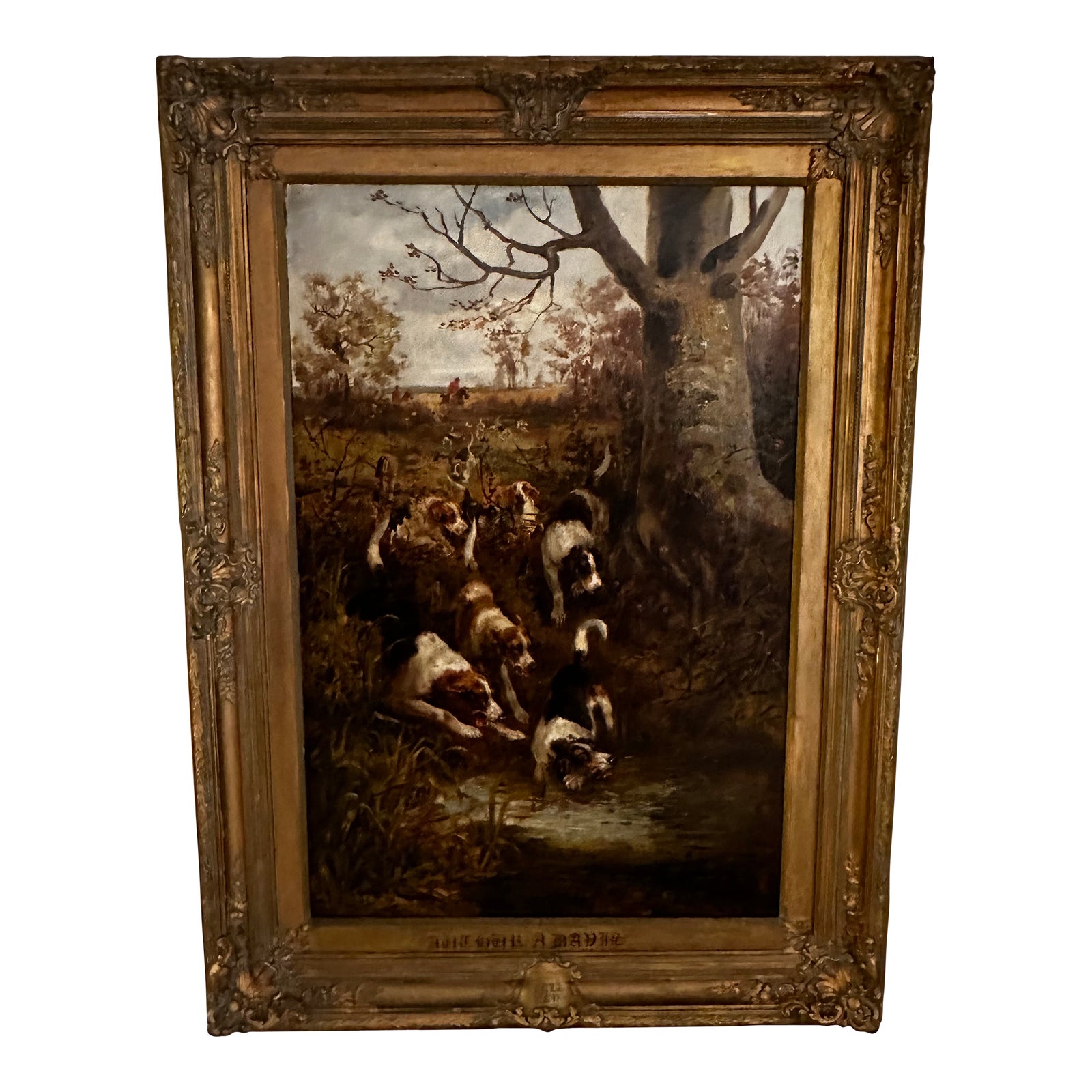 Large Hunt Scene Painting With Dogs by Arthur Alfred Davis | Chairish