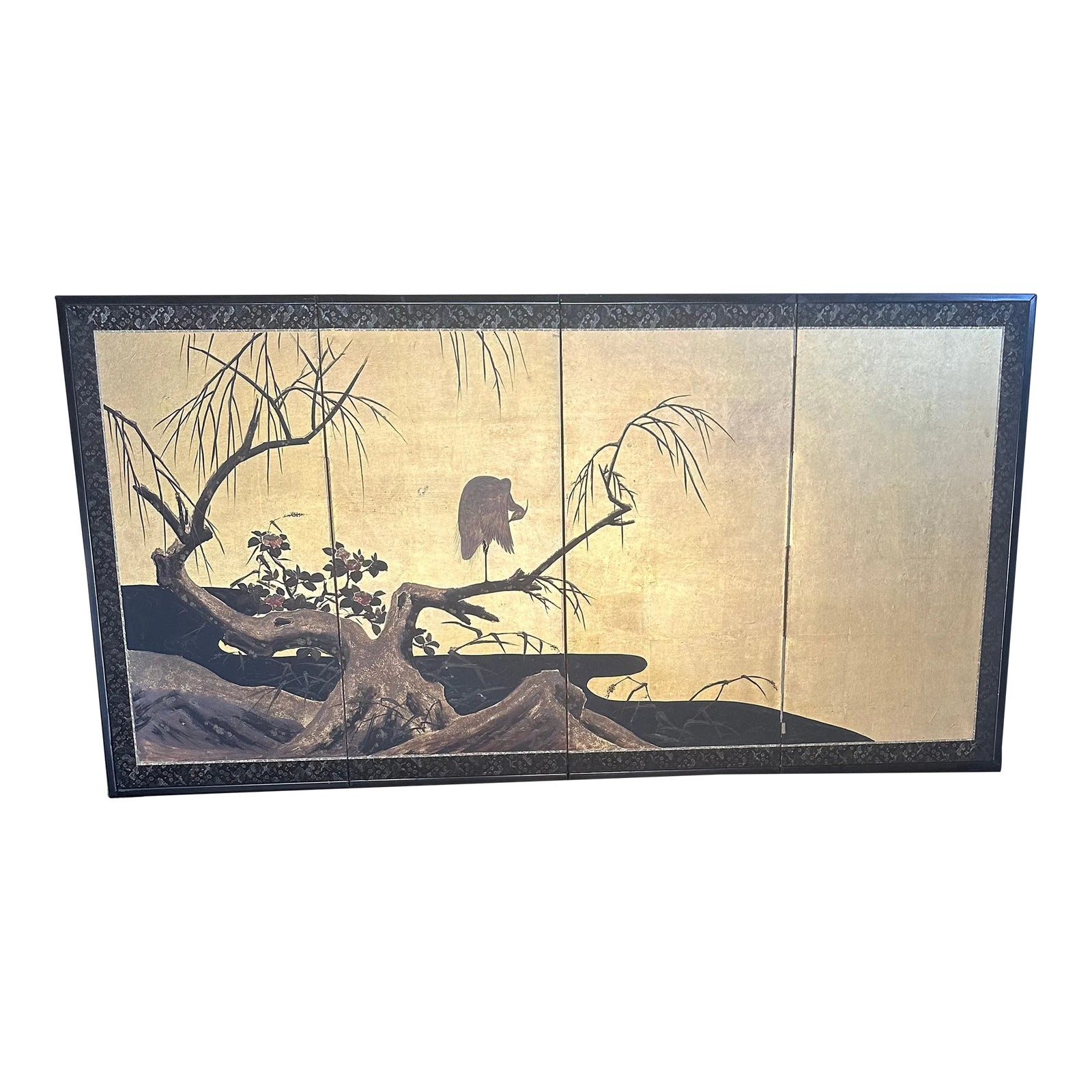 Early 20th Century Meiji Japanese Screen Byobu Gold Framed 4-Panel Late ...