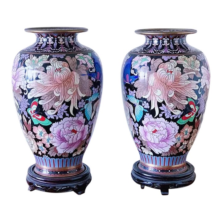 Antique Cloisonne Vases Depicting Floral Mums Roses and Butterflies in ...
