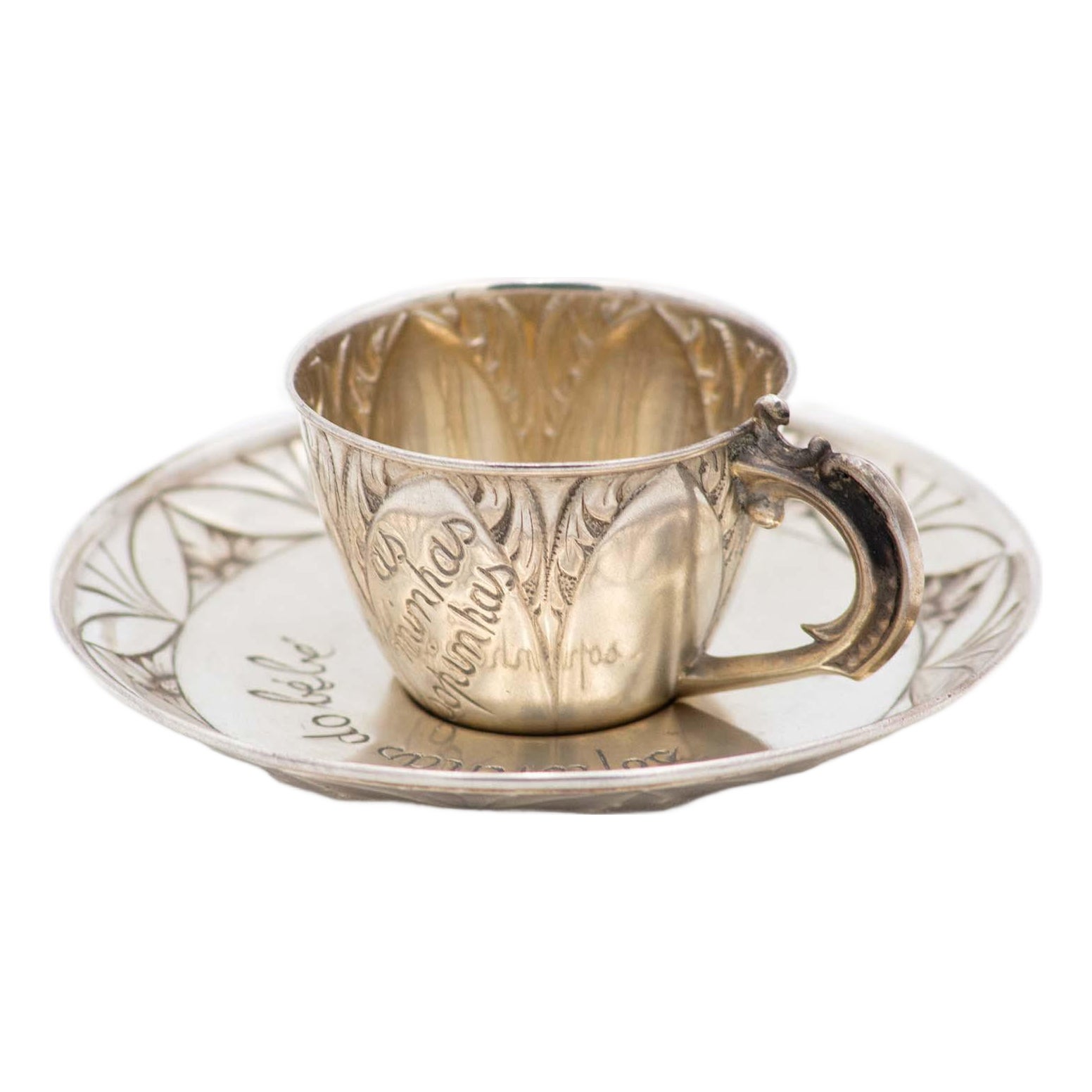 My Soups Engraved Silver Cup and Saucer, Set of 2 | Chairish