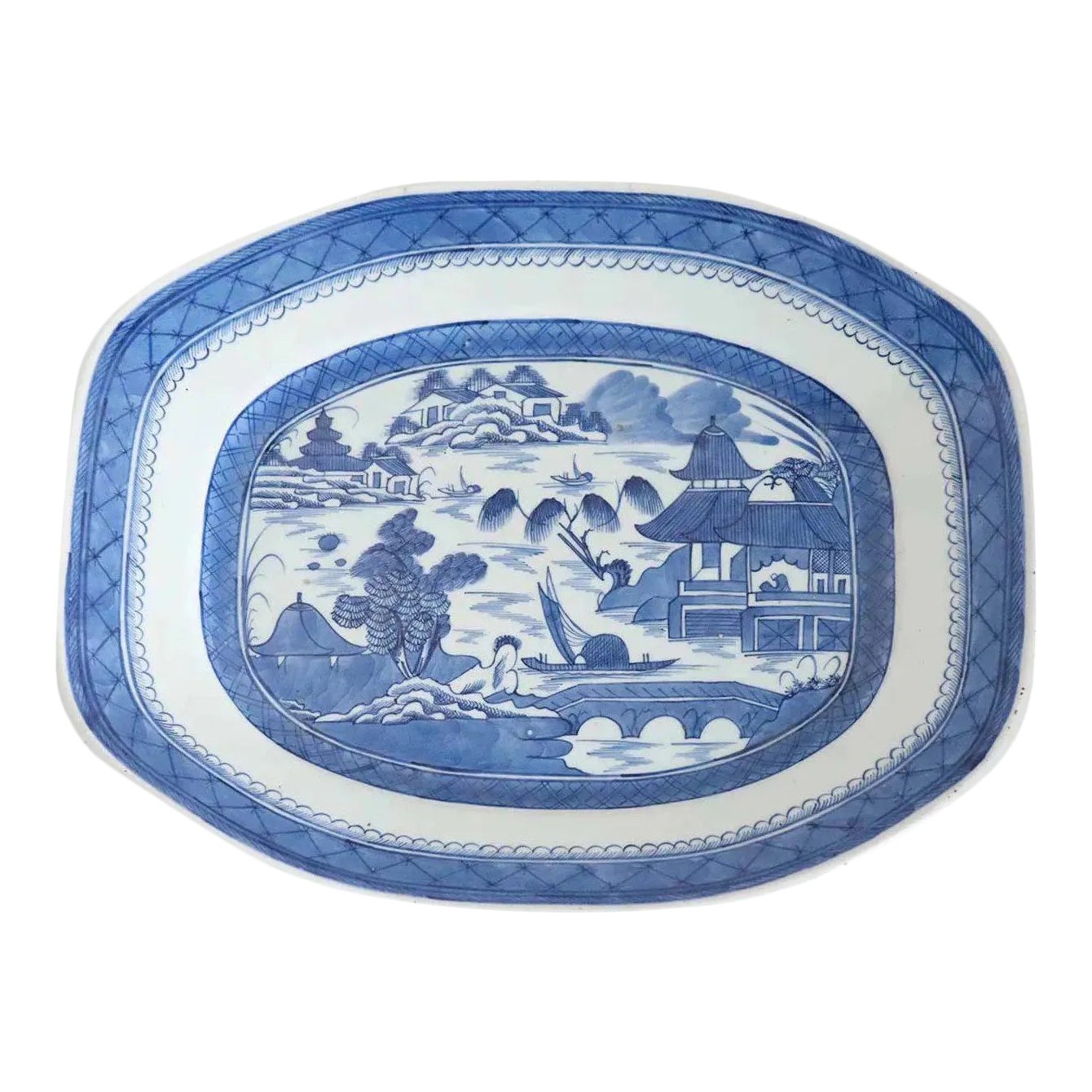 Chinese Export Blue & White Canton Porcelain Platter | Chairish