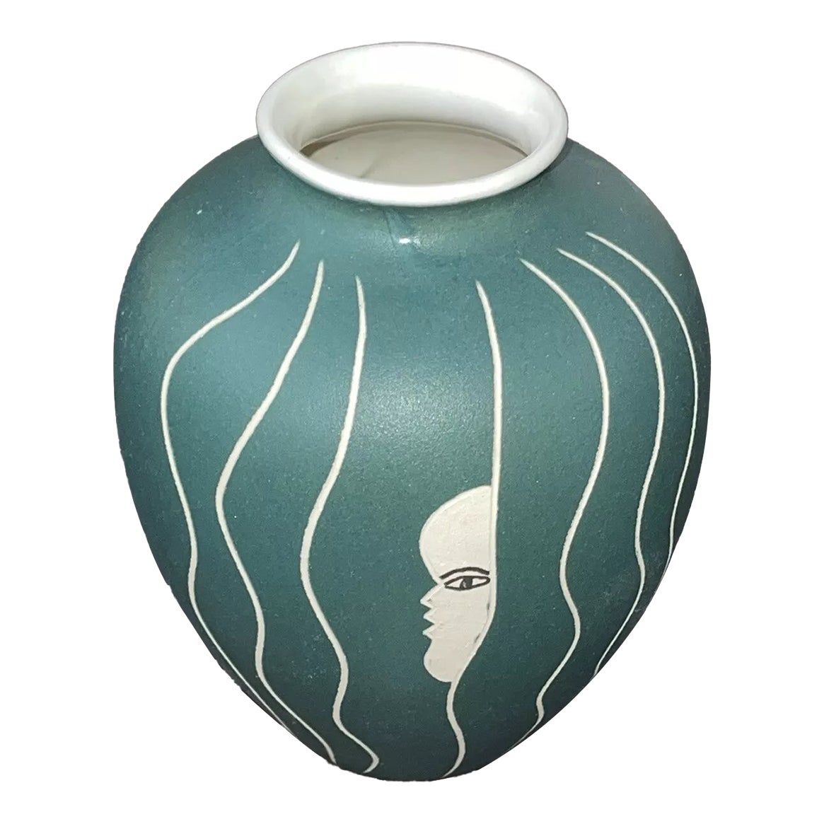 Vintage Waylande Gregory Sgraffito Art Deco Green Bulbous Face Vase ...