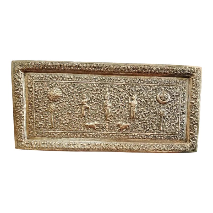 19th Century Indian Brass Platter With Floral Decorations & Hindu ...