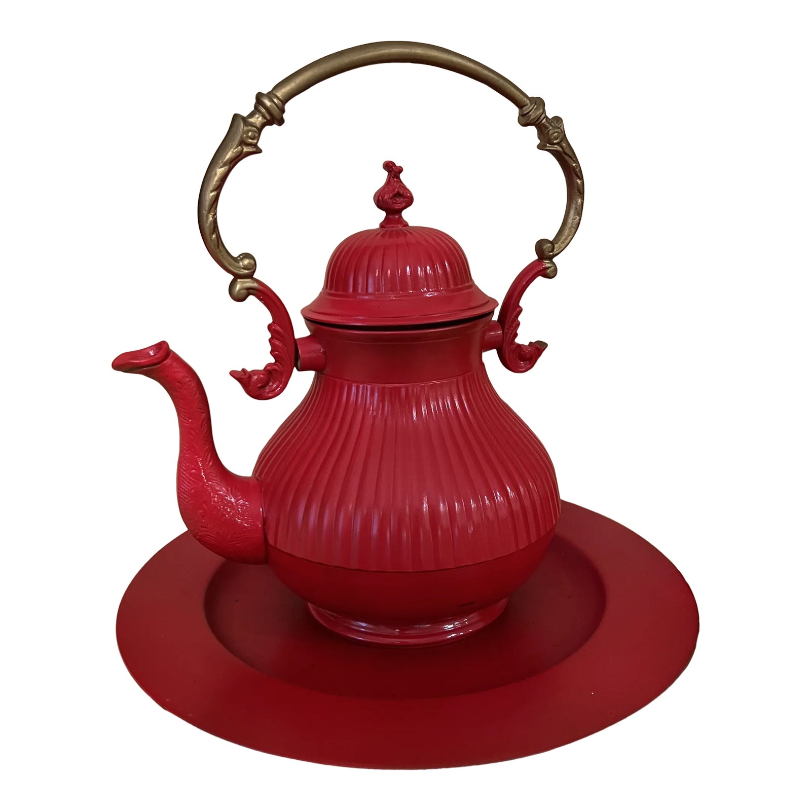 Vintage Red Tea Pot & Plate Set- 2 Pieces | Chairish