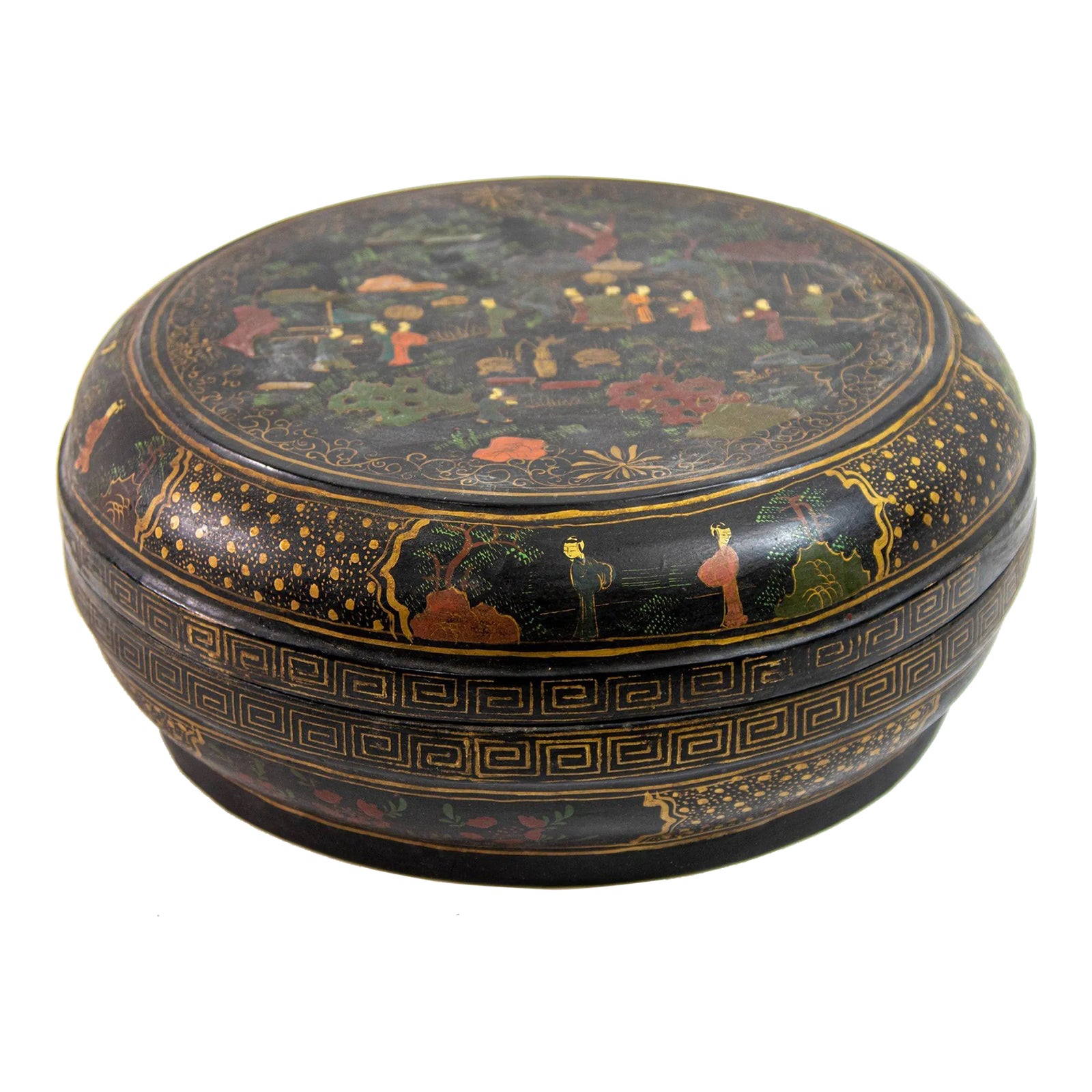 Chinese Export Large Round Box Black Lacquered Gilt Painted Covered Box ...