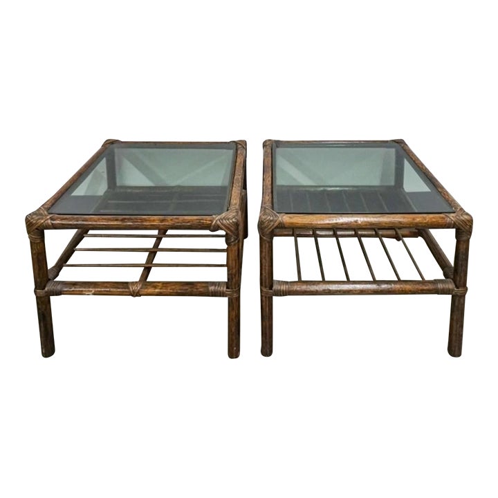 Pair Mid-Century Rattan Smoked Glass Inset Side Tables | Chairish