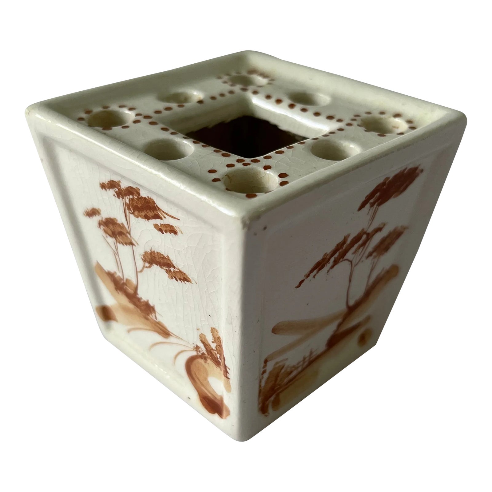 Small Hand Painted Porcelain Square Vase | Chairish