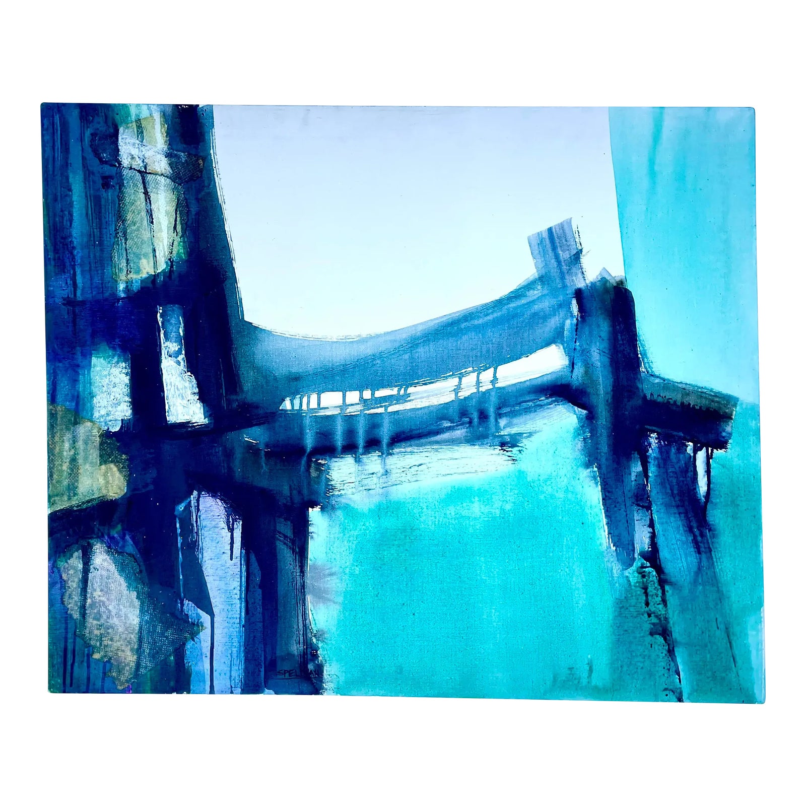 Mid Century Abstract Painting of Bridge - Signed | Chairish