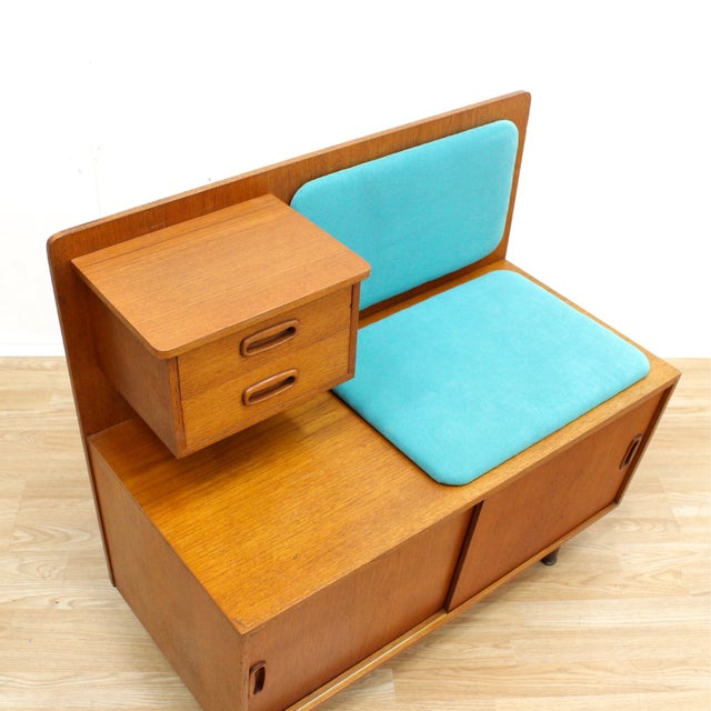 1960s Mid Century Teak Entryway Bench in Teal | Chairish