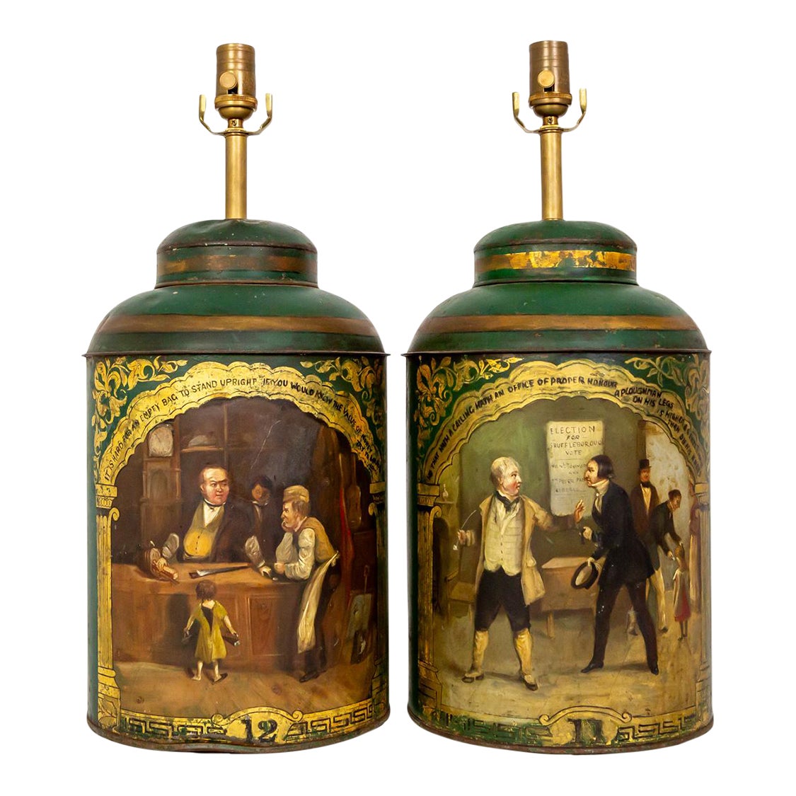 Late 19th Century Large Green Hand-Painted English Tea Canister Lamps ...